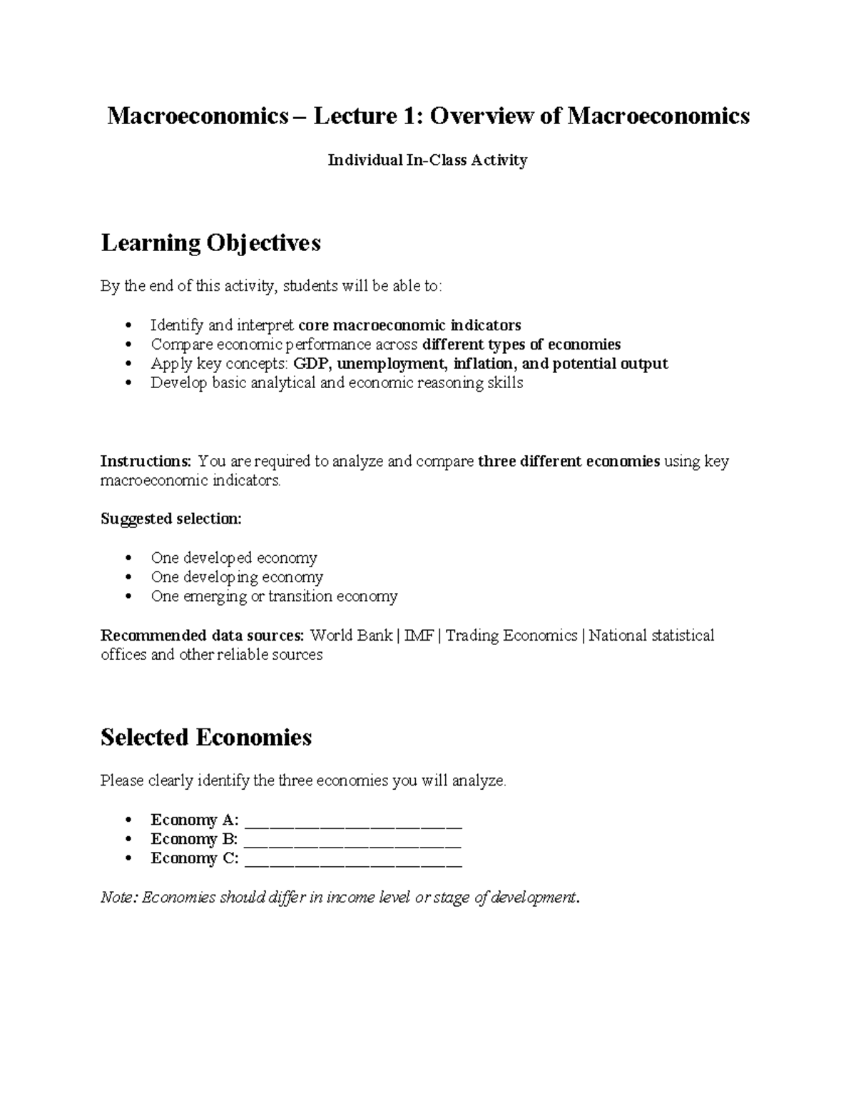 Macroeconomics 1: In-Class Activity on Economic Indicators - Studocu