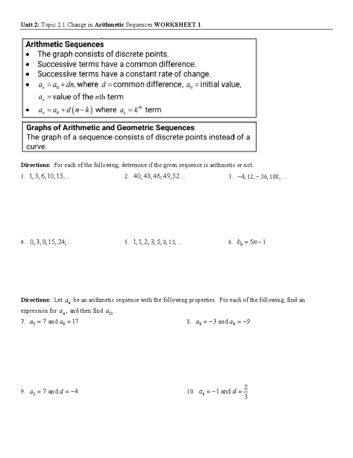 1 2.1 Change in arithmetic sequences Worksheet 1 - Unit 2: Topic 2 Change in Arithmetic ...