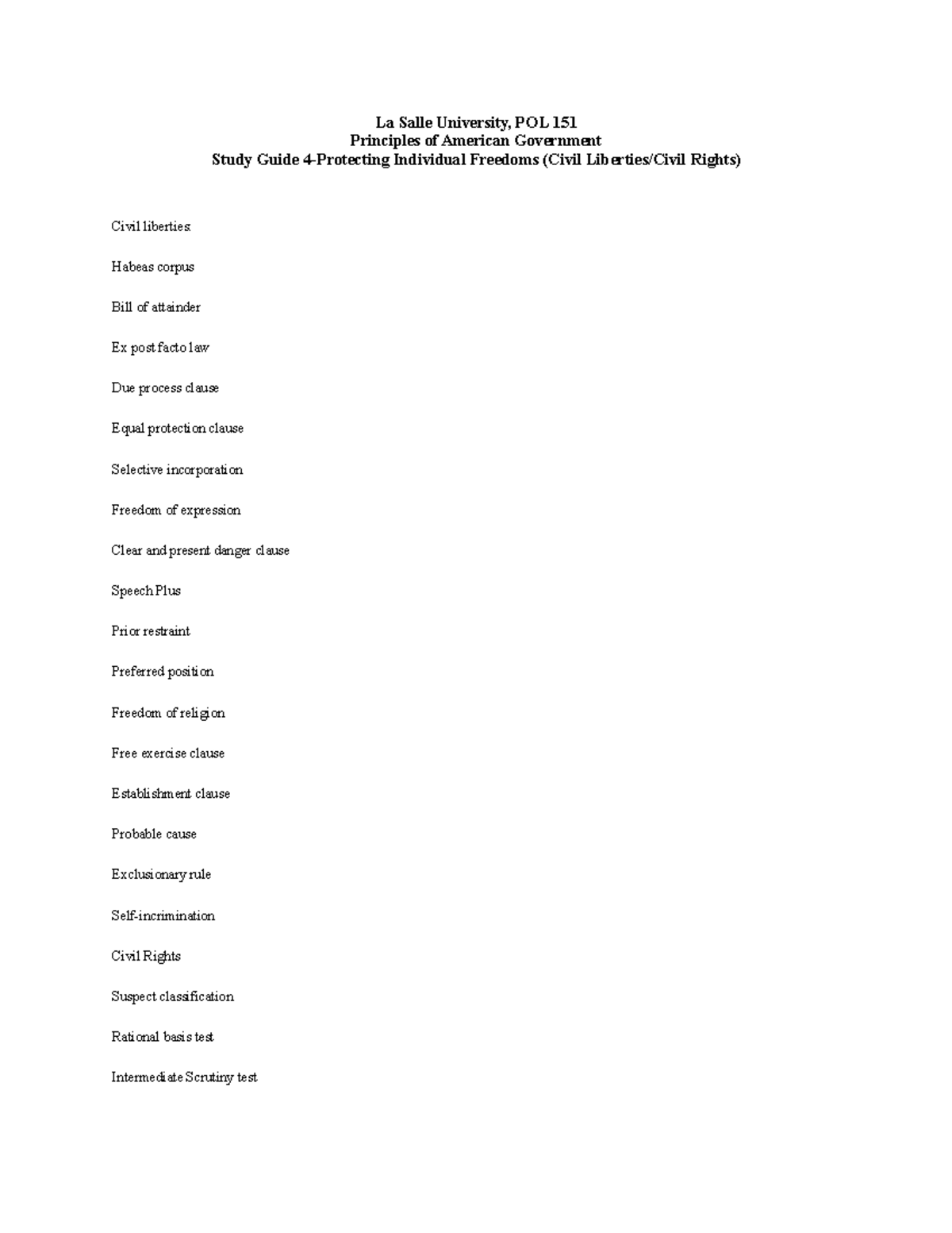 Study guide 4 - La Salle University, POL 151 Principles of American ...