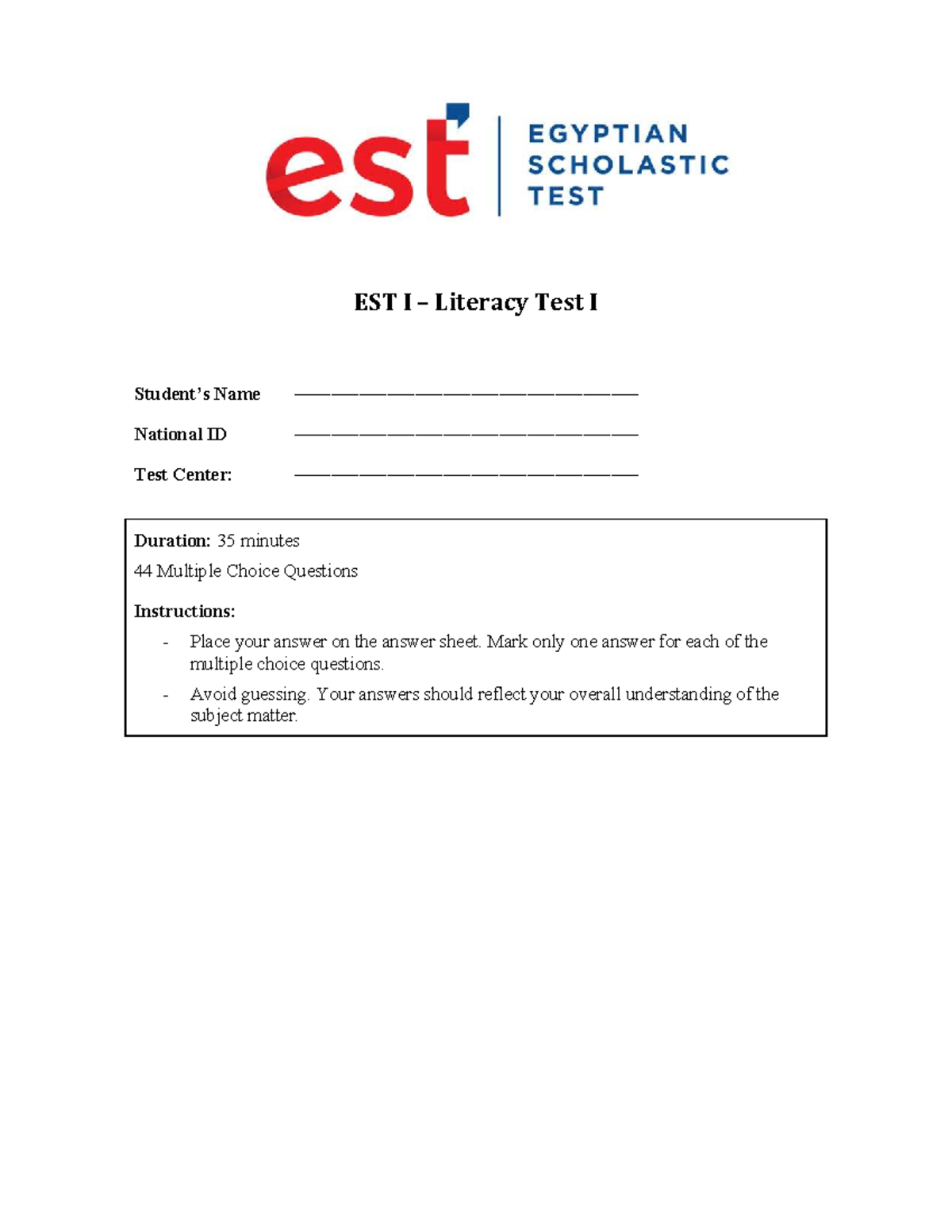 EST I Literacy Test I - Writing Section Answer Key - December 2021 ...