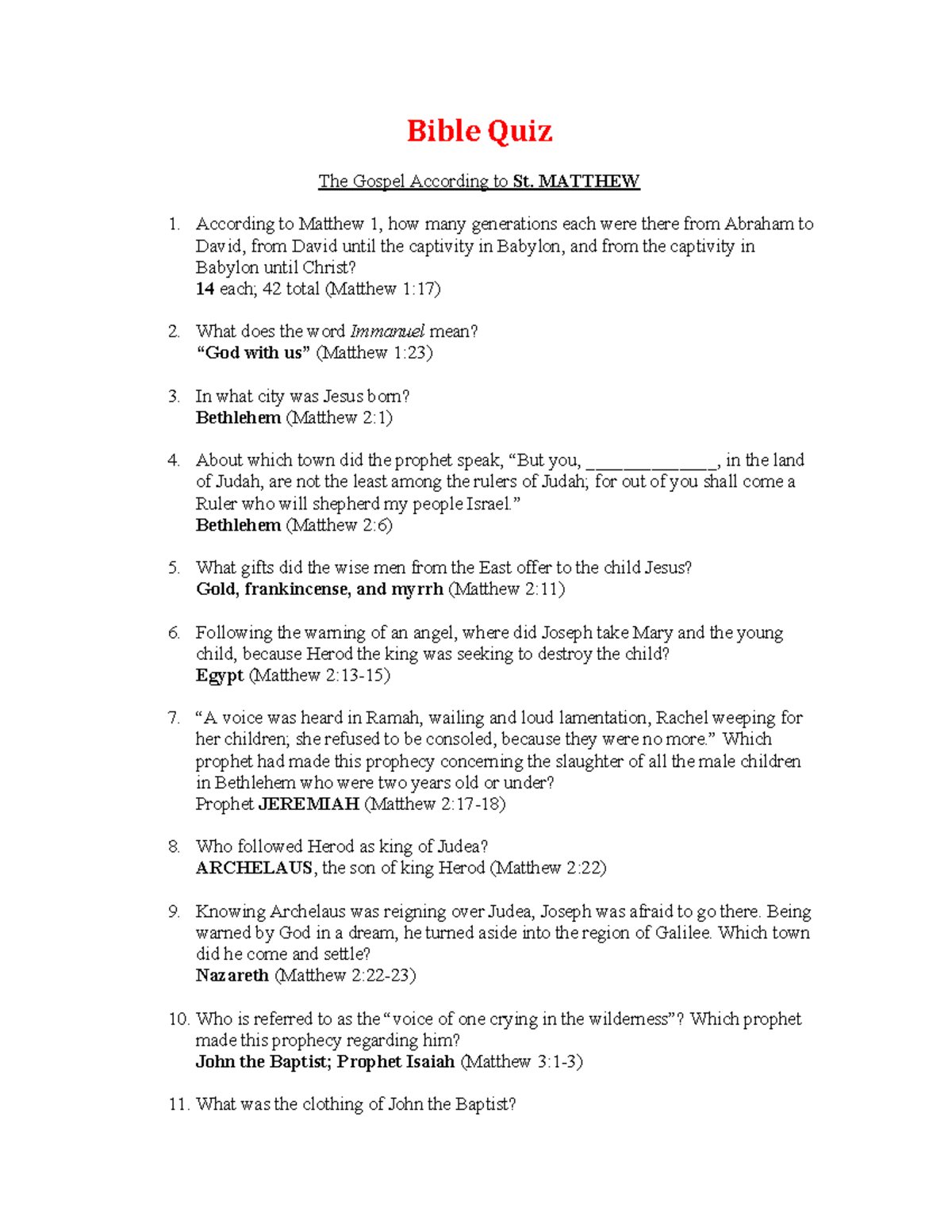 Bible Quiz: Key Questions from the Gospel of Matthew (MAT 1) - Studocu