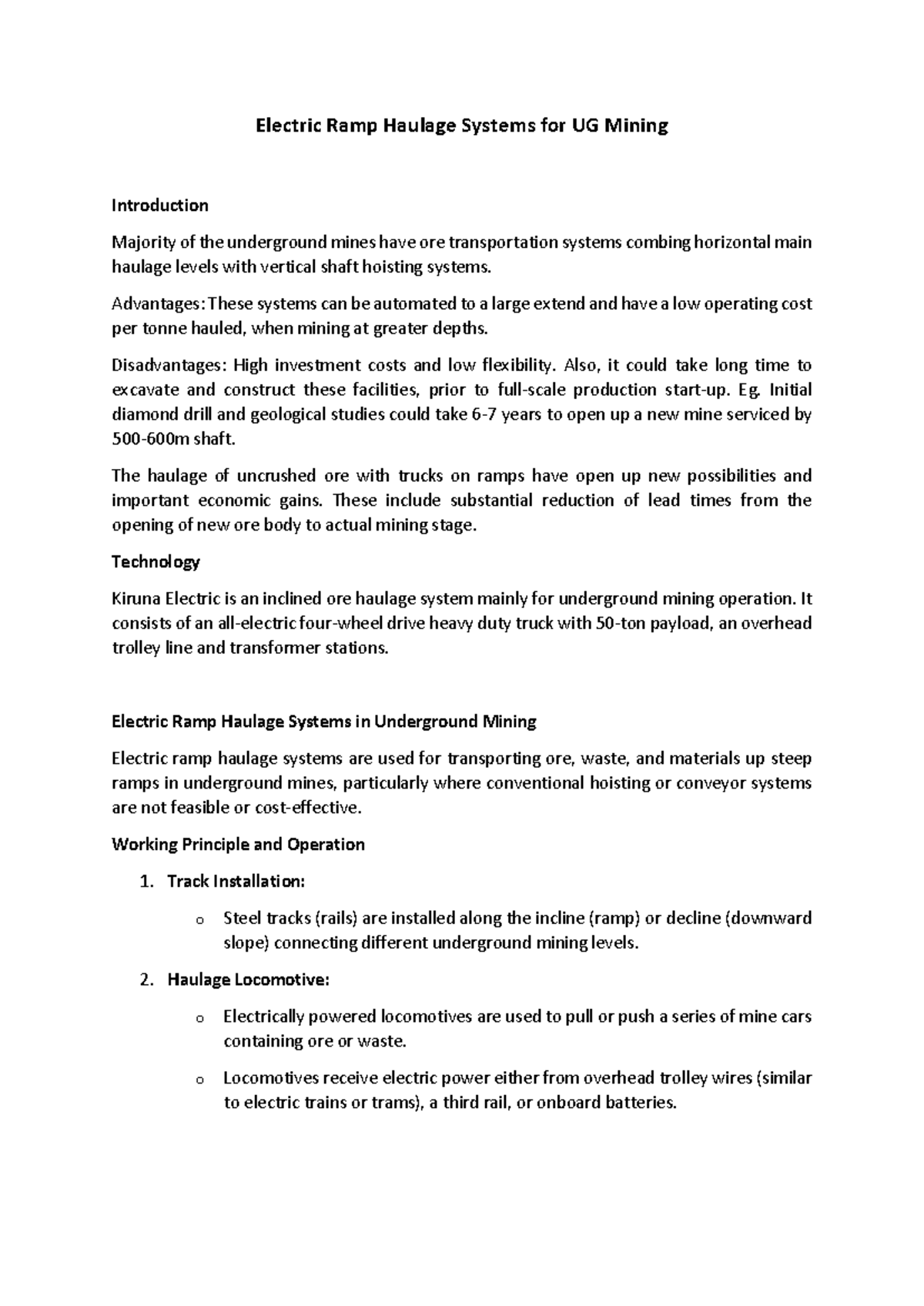 Electric Ramp Haulage Systems for UG Mining: Overview & Benefits - Studocu