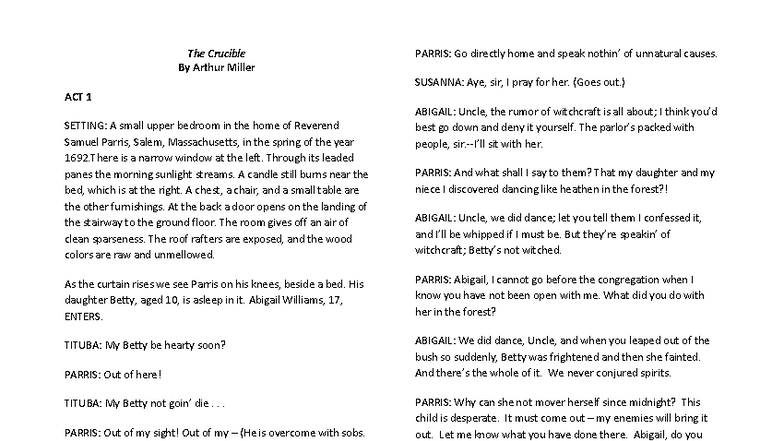 Crucible Act 1 Script Analysis - LA Theatre PARRIS & ABIGAIL Dynamics ...