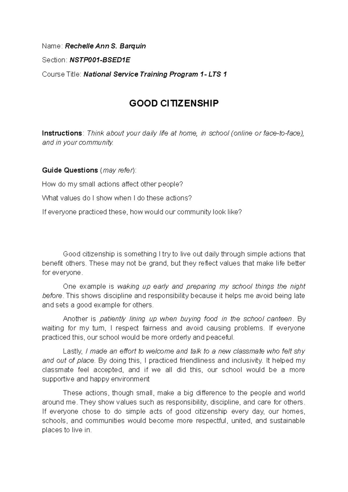 LTS 1 Essay: The Impact of Good Citizenship in Daily Life - Studocu