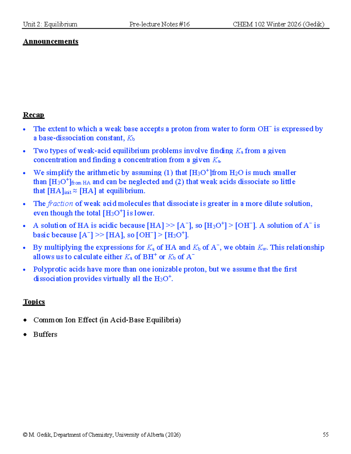 Unit 2: Equilibrium Notes & Buffer Systems CHEM 102 Winter 2026 (Gedik ...