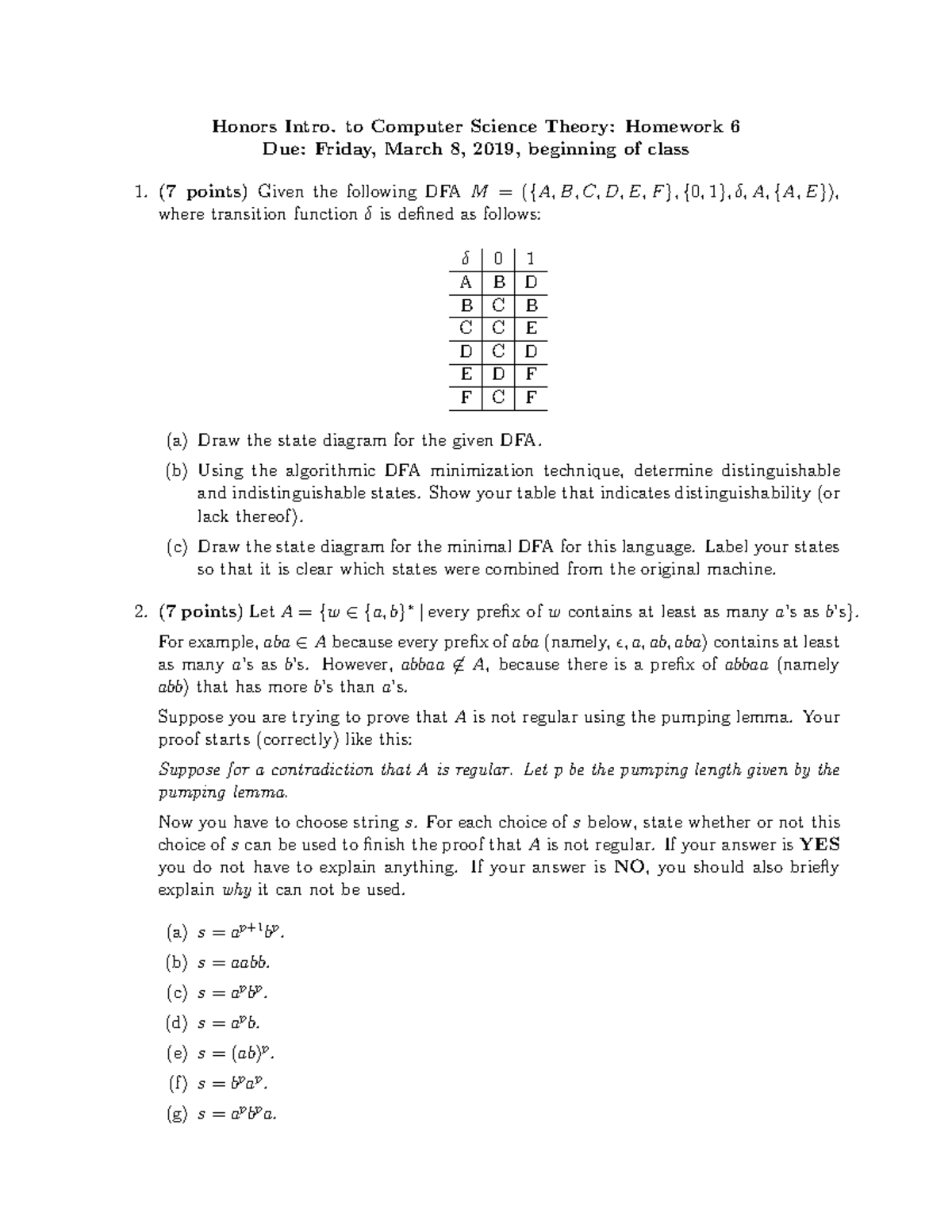 HW 6 - Honors Intro. to Comp. Sci. Theory Homework 6 Details - Studocu