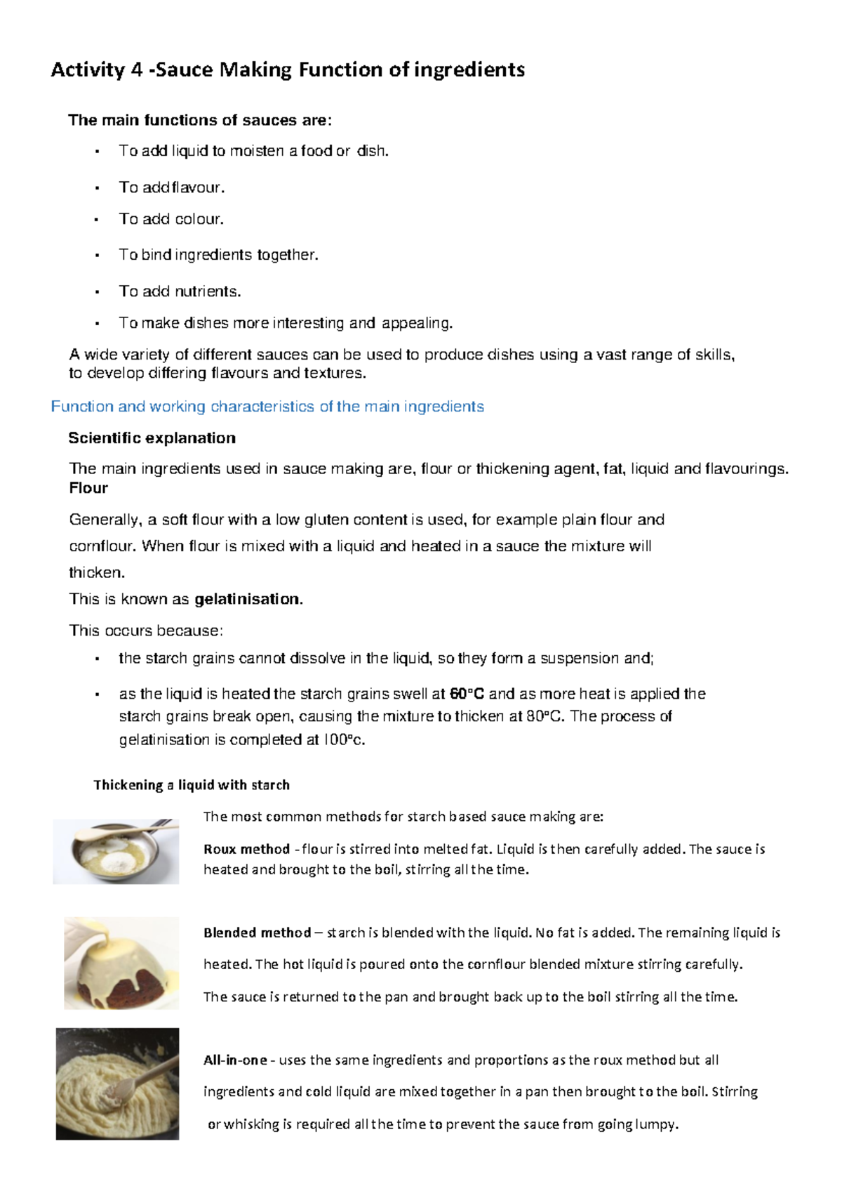 9 - Food - Activity 4 - Sauce Making Function of ingredients The main ...