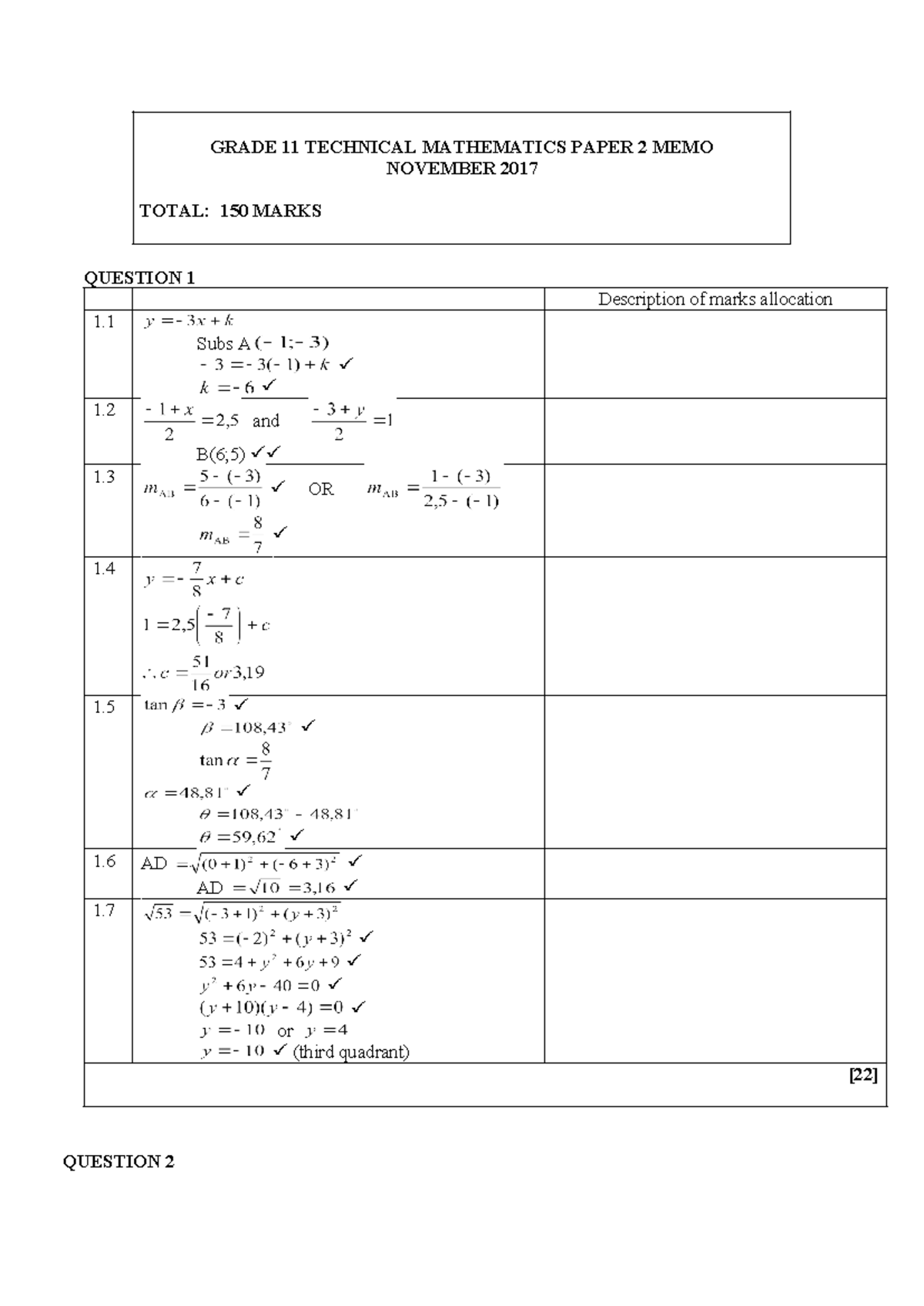 GR11 Technical Maths Nov 2017 Paper 2 Memo Evaluation - Studocu