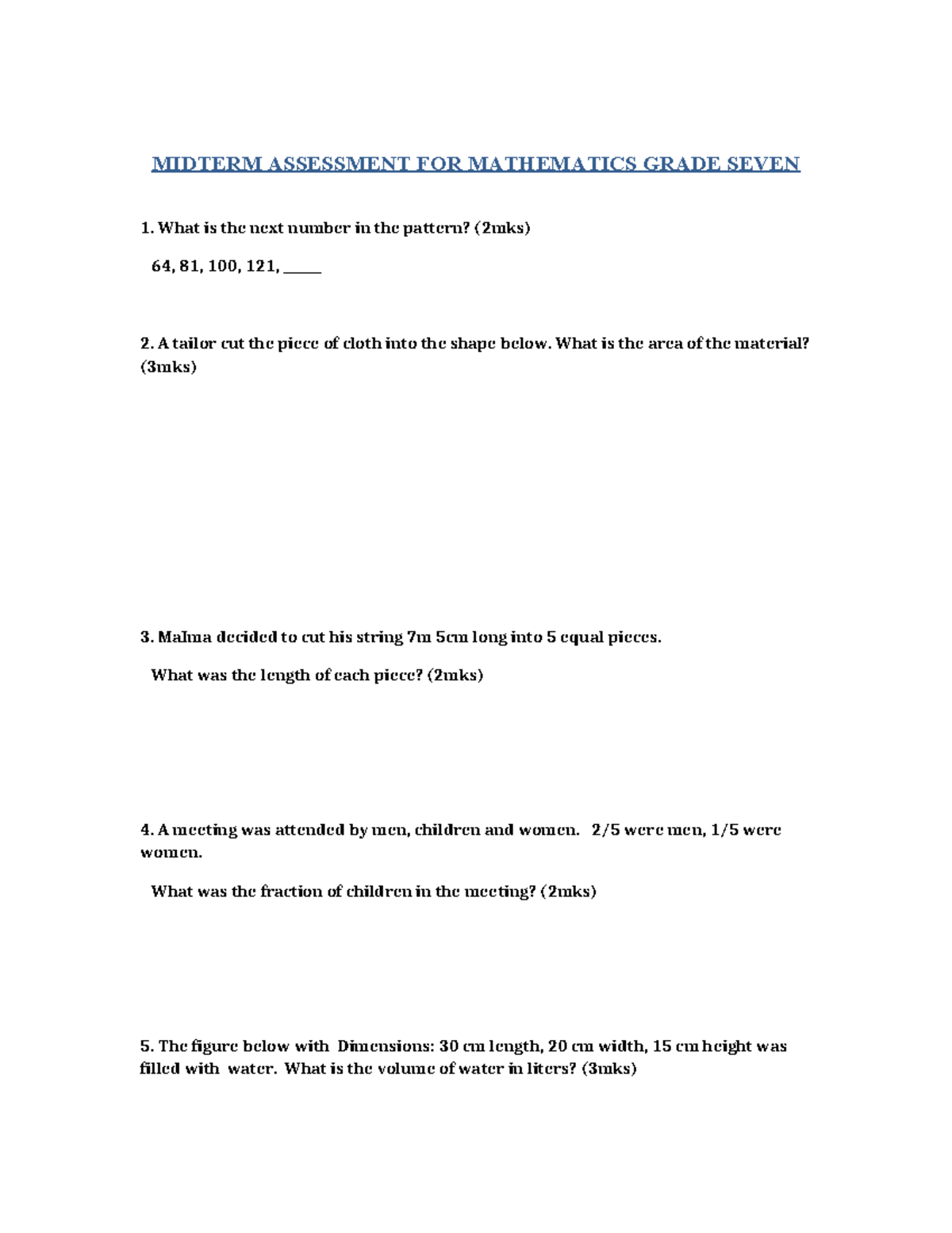 Grade 7 Mathematics Midterm Assessment 2026: Questions & Solutions ...