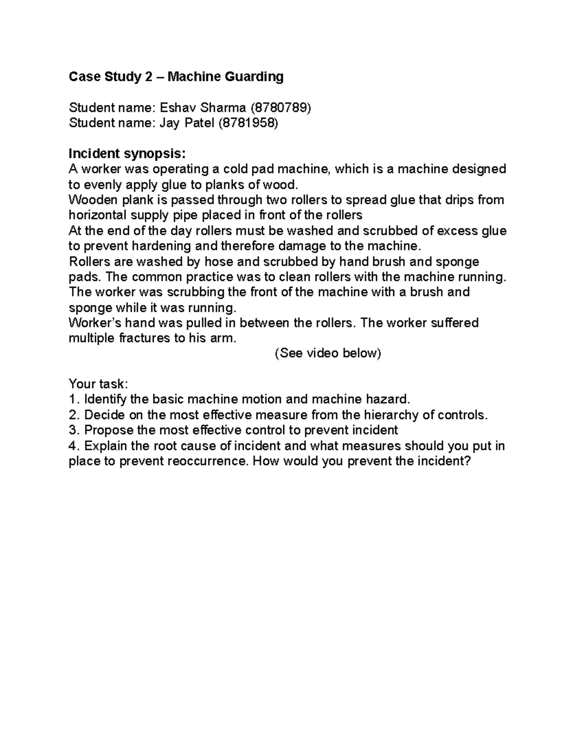 Case Study 2 - Machine Guarding: Incident Analysis & Prevention ...