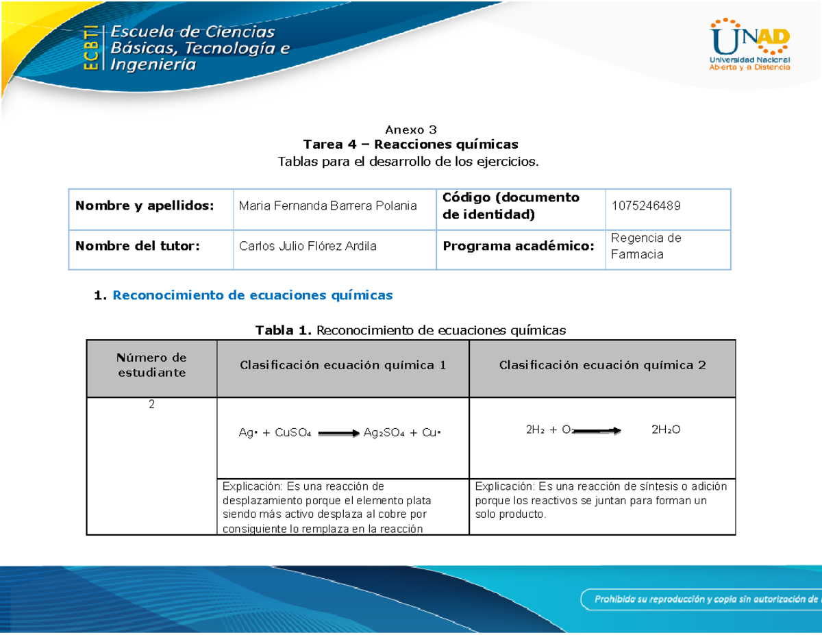 Tarea 4: Reacciones Químicas - Ejercicios y Tablas de Balanceo - Studocu