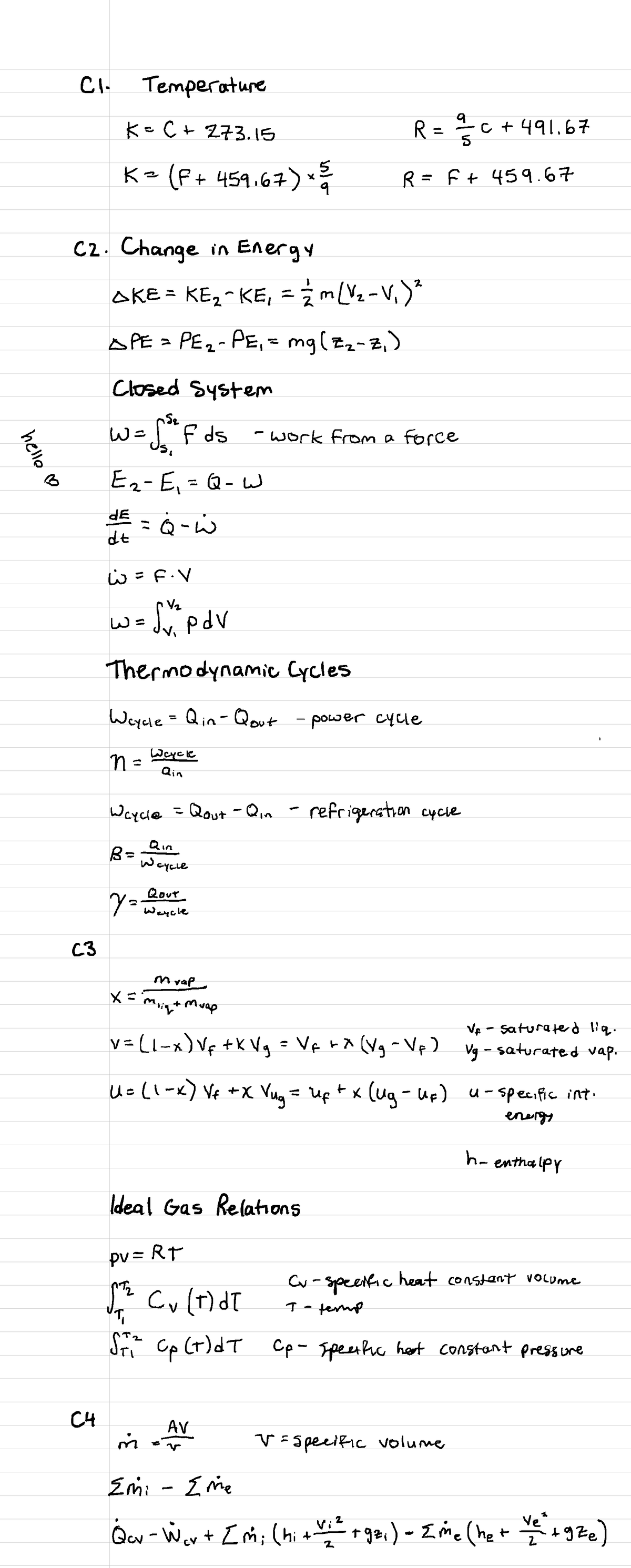 Thermo cheat sheet - Maae 2400 - C1. Temperature 491 459,67) F 459 C2 ...