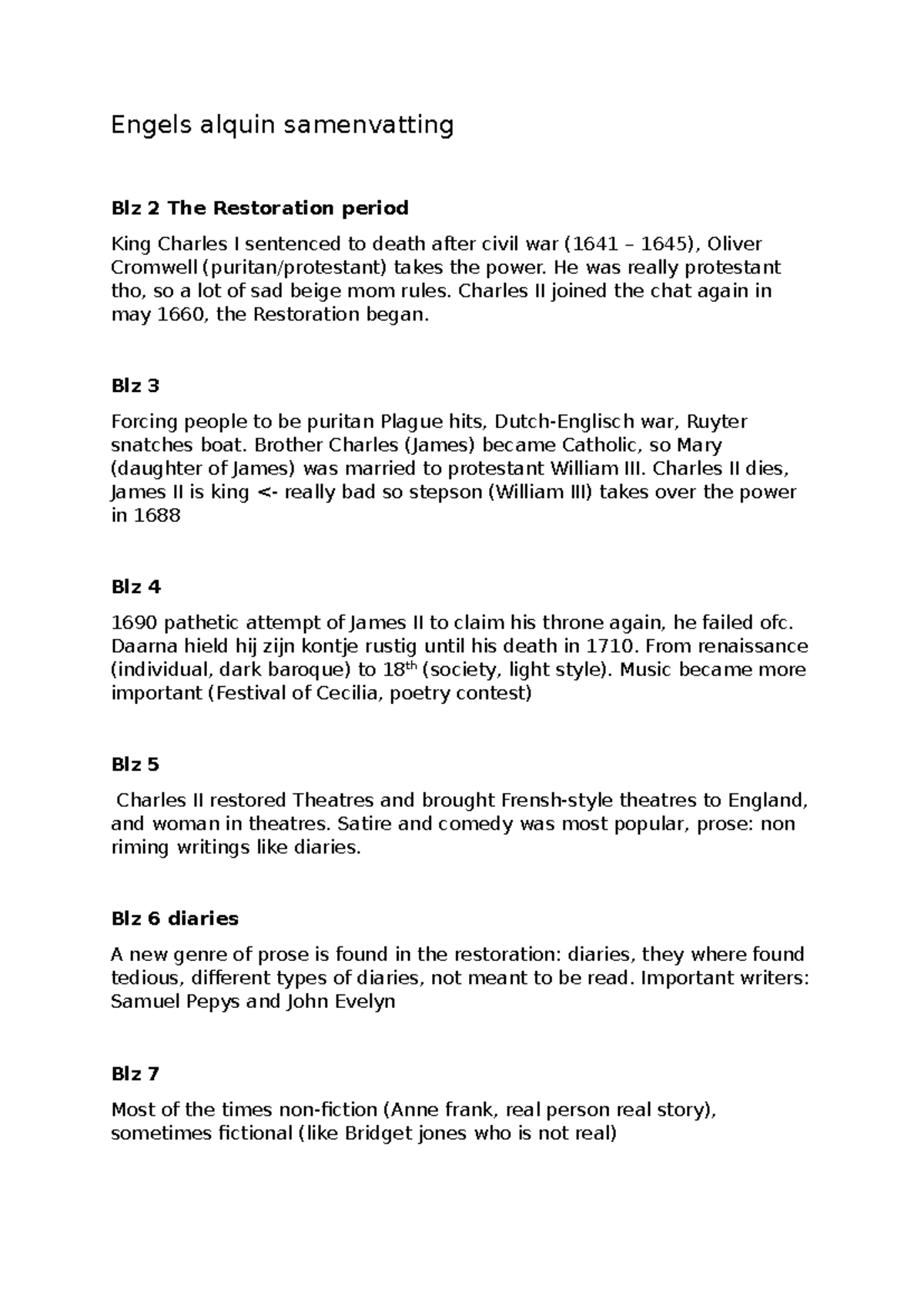 Engels Alquin Samenvatting 2024 P2: The Restoration Period Overview ...