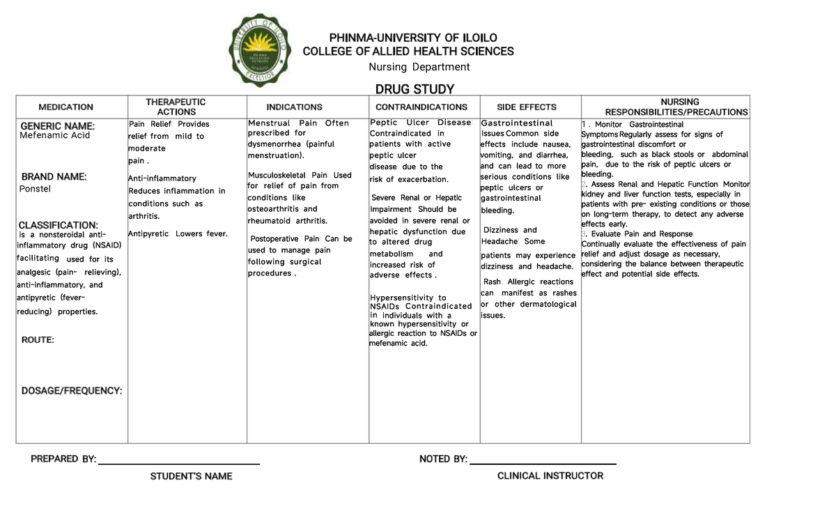 Ponstel - drug study - Nursing Department Mefenamic Acid Ponstel is a ...