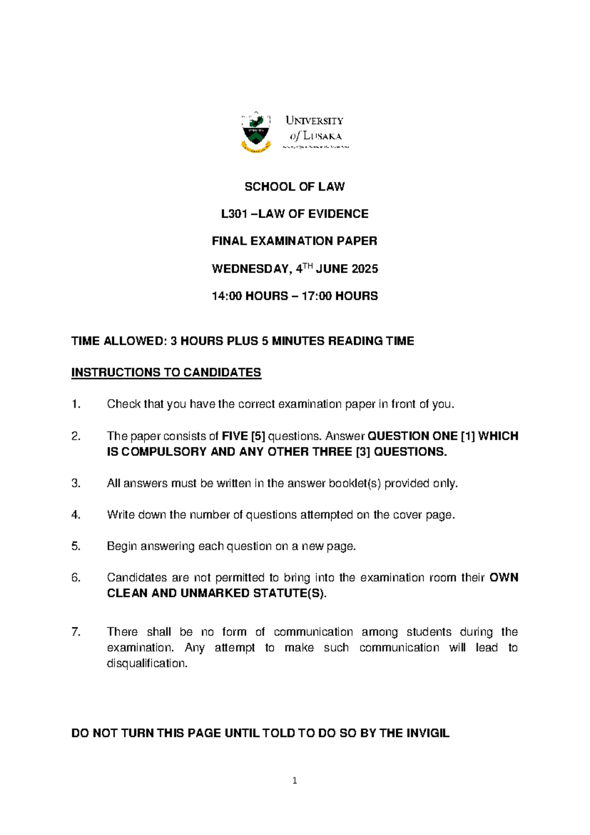 L301 OF EVIDENCE FINAL EXAMINATION PAPER - JUNE 2025 - Studocu
