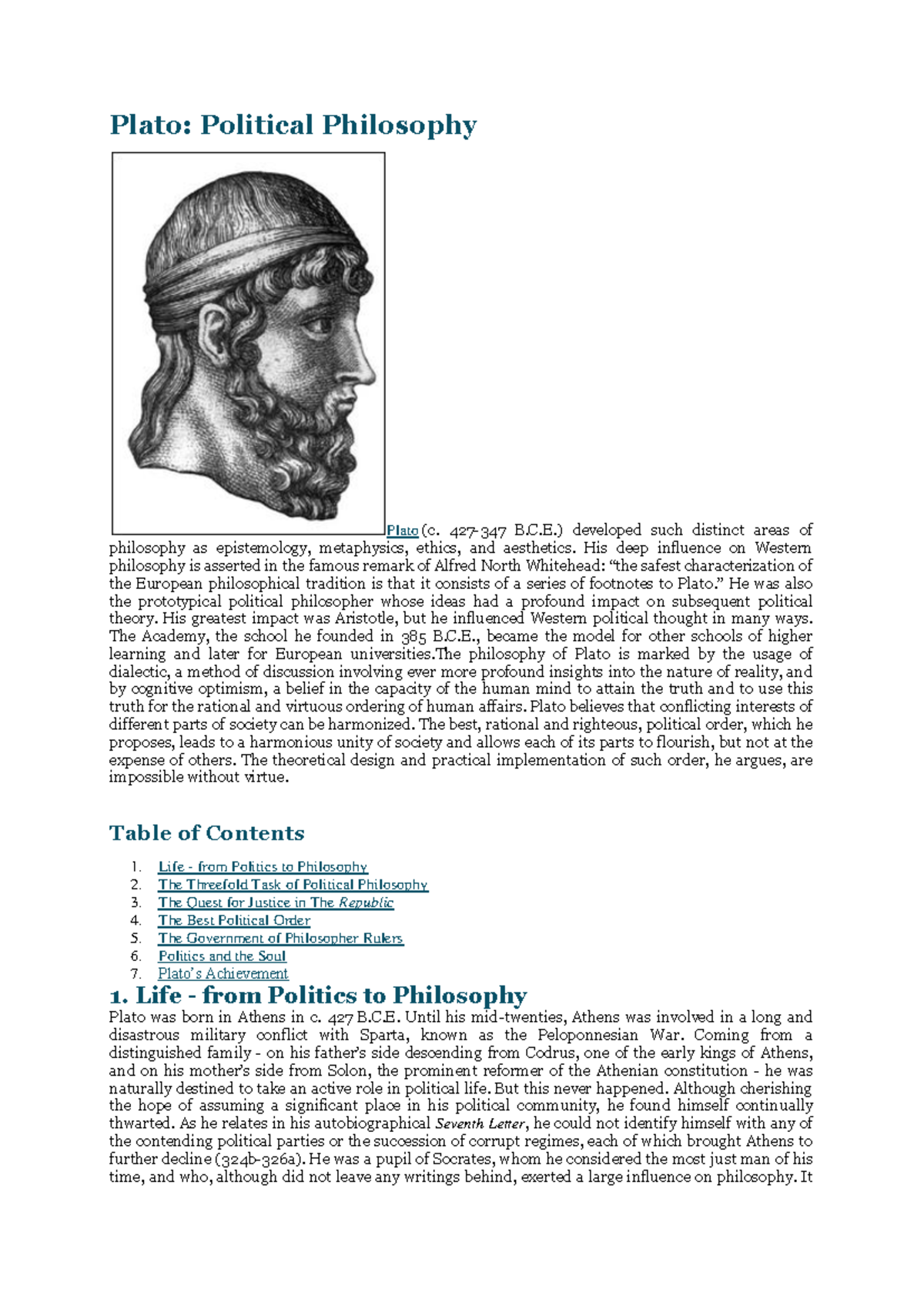 Plato's Political Philosophy: Insights and Impacts on Governance - Studocu