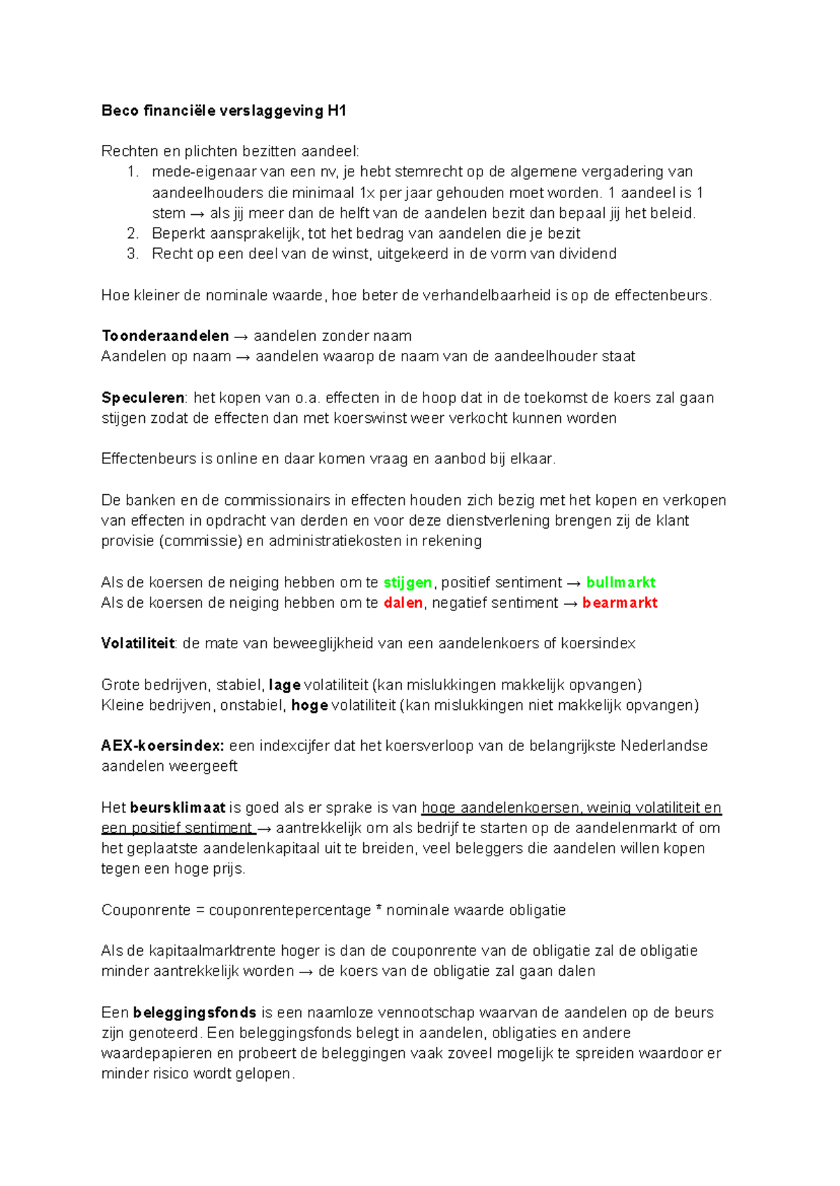 Beco Financiën Verslaggeving H1: Aandeelhouders en Kapitaalmarkten - Studeersnel