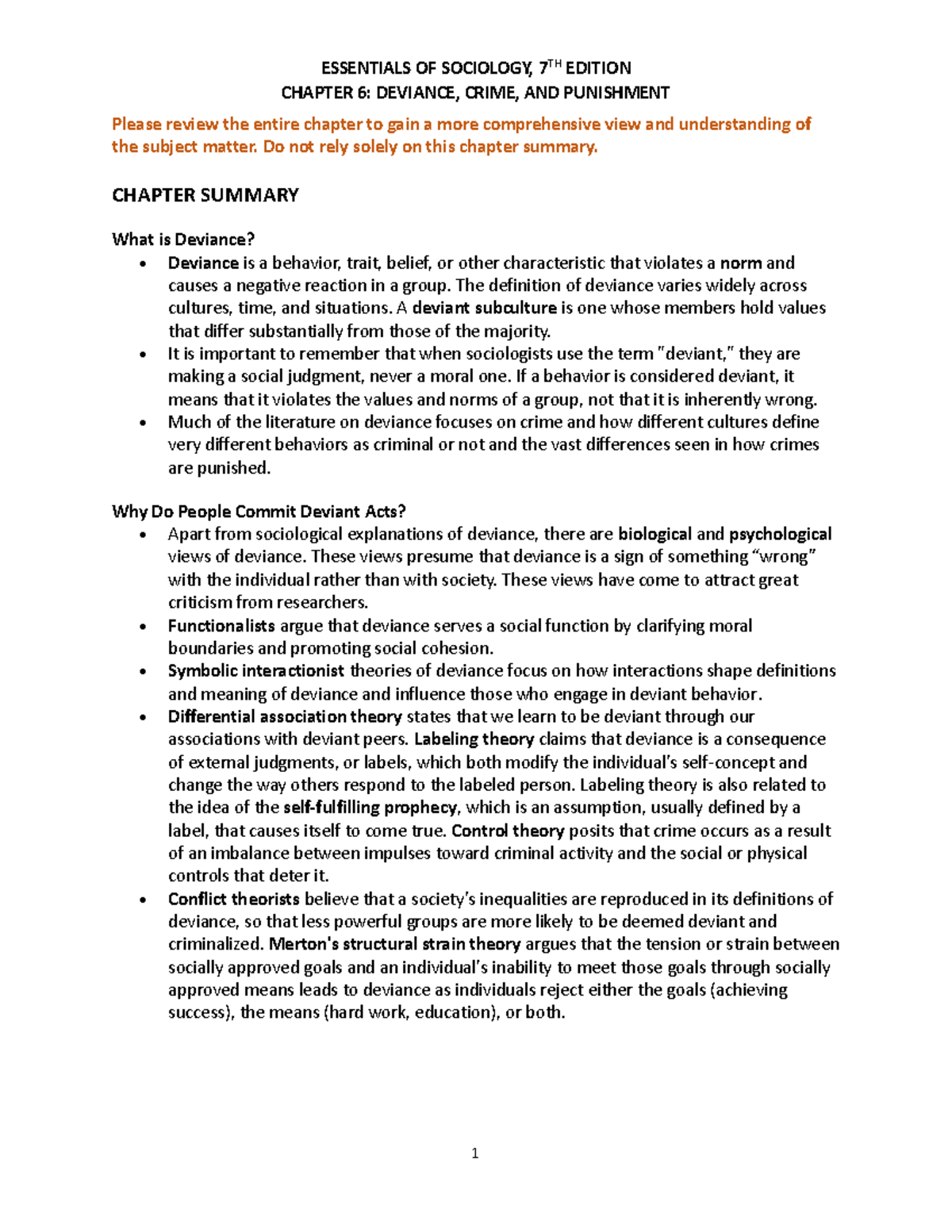 Lesson Summary-Chapter 6 Deviance - ESSENTIALS OF SOCIOLOGY, 7TH ...