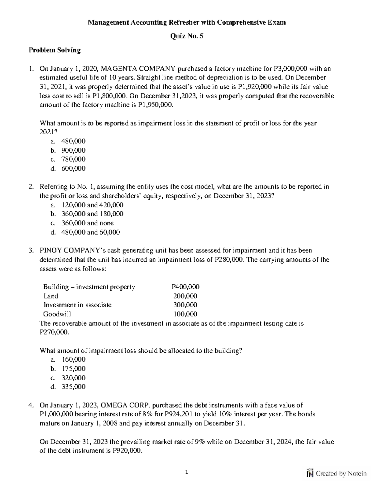 Comprehensive Management Accounting Quiz No. 5: Problem Solving ...