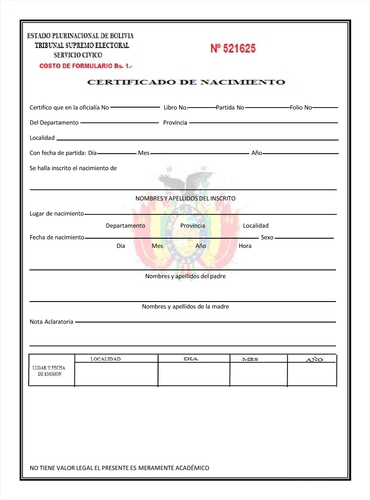 Modelo de Certificados de Nacimiento y Matrimonio en Bolivia - Studocu