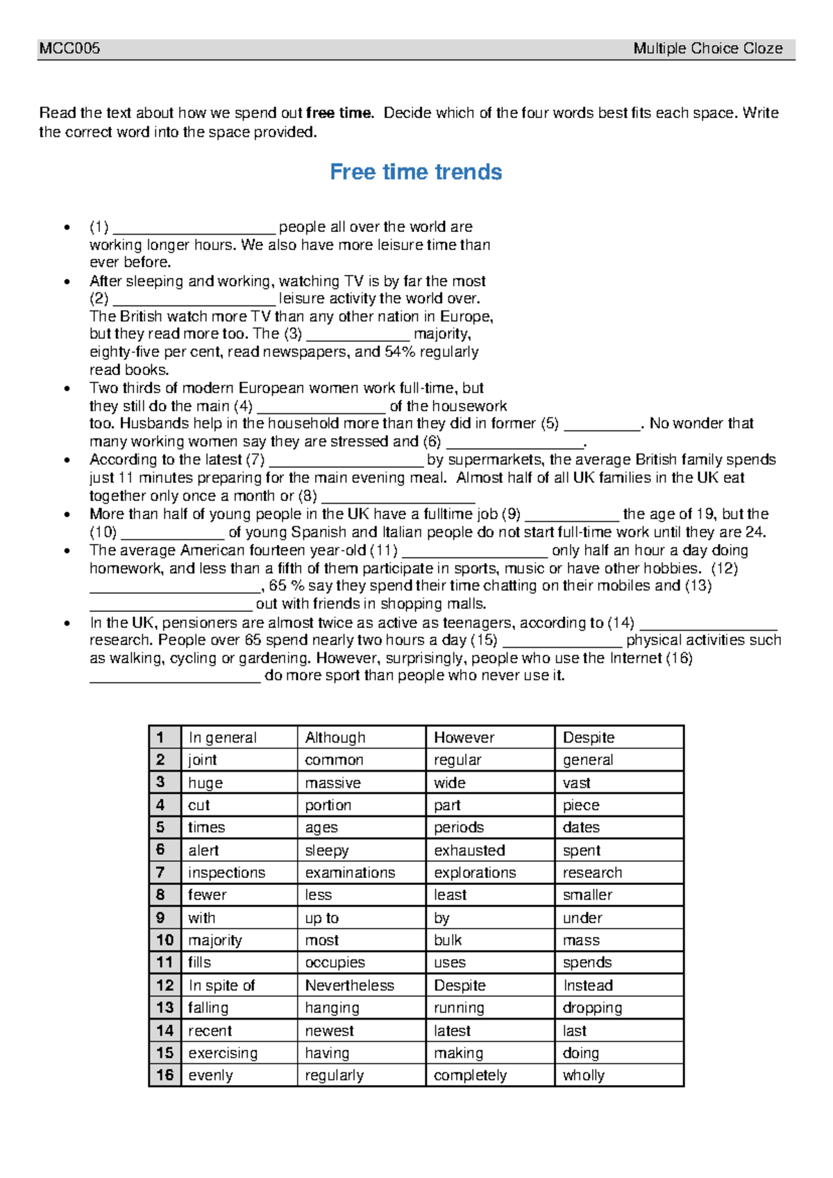 MCC005 Free Time Vocabulary: Multiple Choice Cloze Exercise - Studocu