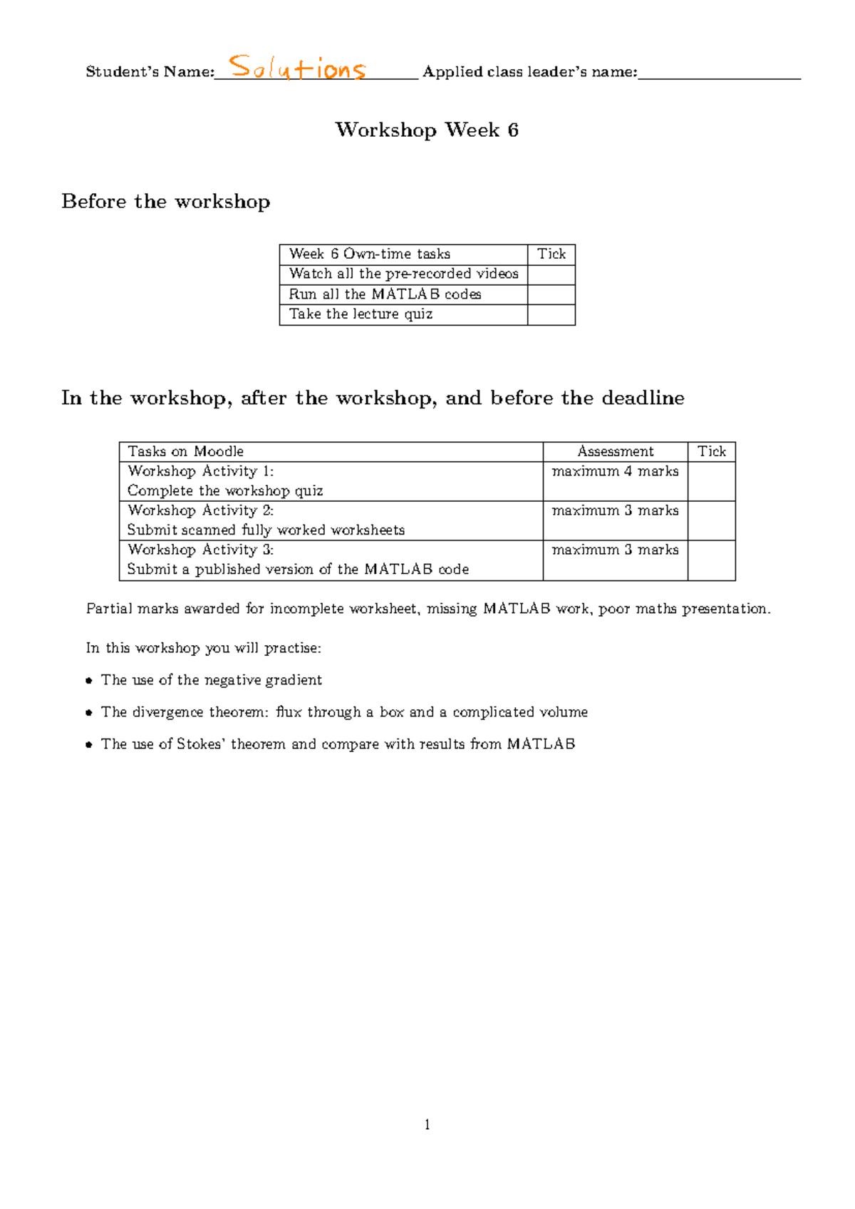 ENG2005 Workshop Week 6: Heat Flow & Divergence Theorem Tasks - Studocu