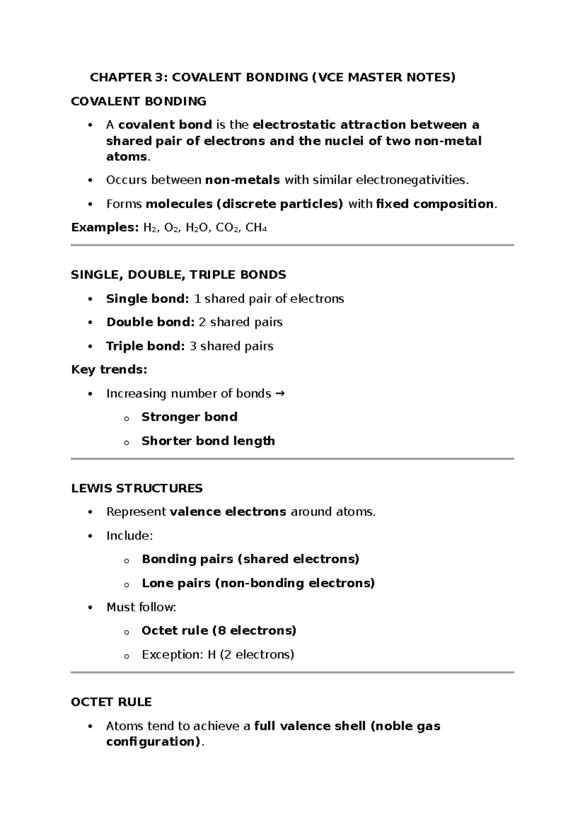 VCE CHEM UNIT 1 AOS 1: Covalent Bonding Mini Cheat Sheet - Studocu