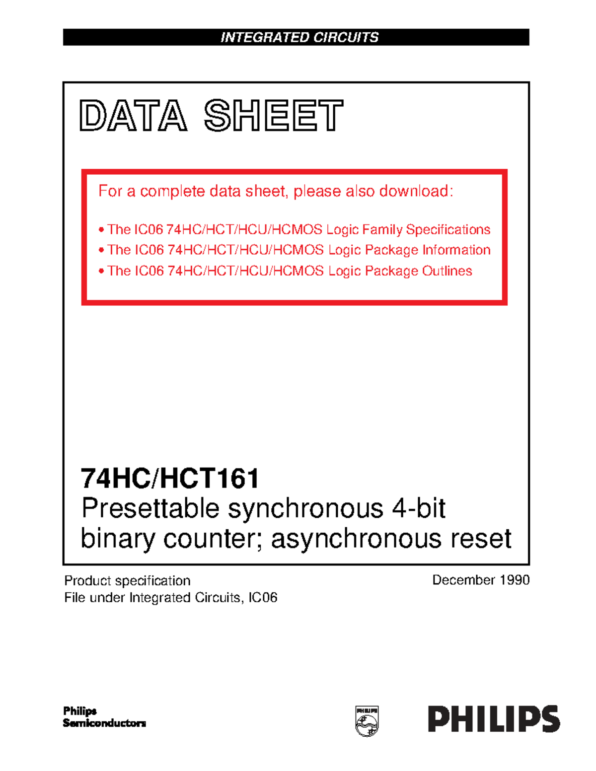 74HC161 Integrated Circuit Data Sheet: Synchronous Binary Counter - Studocu