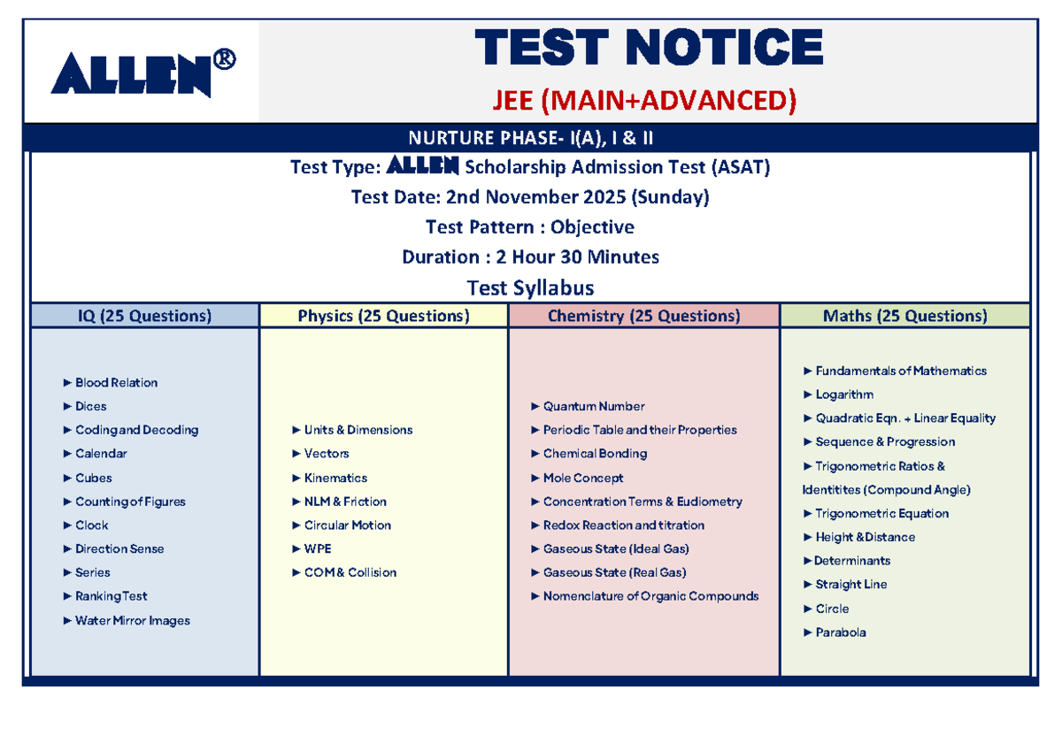 ALLEN ASAT Test Notice for JEE Nurture I(A) & I II - Nov 2025 - Studocu