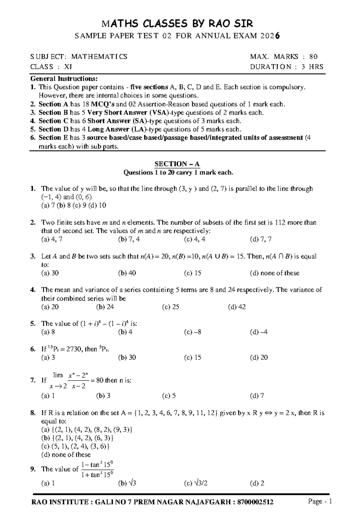 MATHS CLASS XI SAMPLE PAPER TEST 02 FOR ANNUAL EXAM 2026 - Studocu