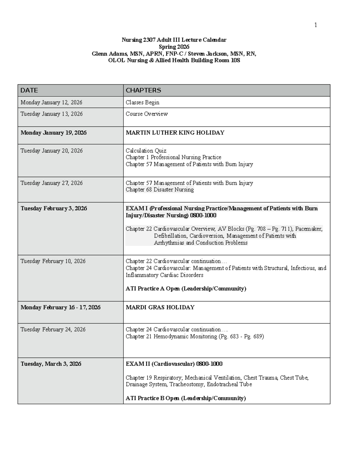 NURS 2307 Adult Lecture Calendar - Spring 2026 Schedule - Studocu