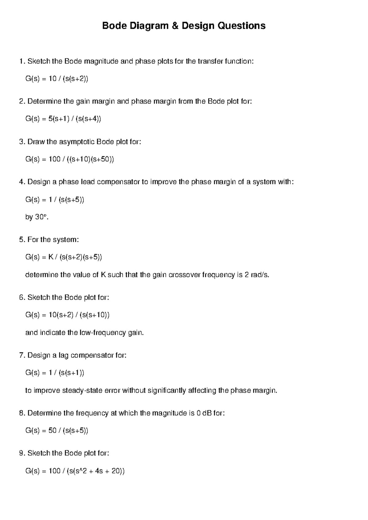Bode Diagram Design Questions for Control Systems (ENGR 101) - Studocu