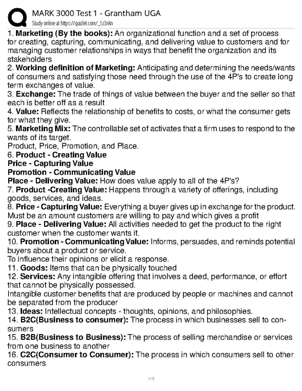 MARK 3000 Exam 1 Glossary: Key Marketing Concepts and Definitions - Studocu