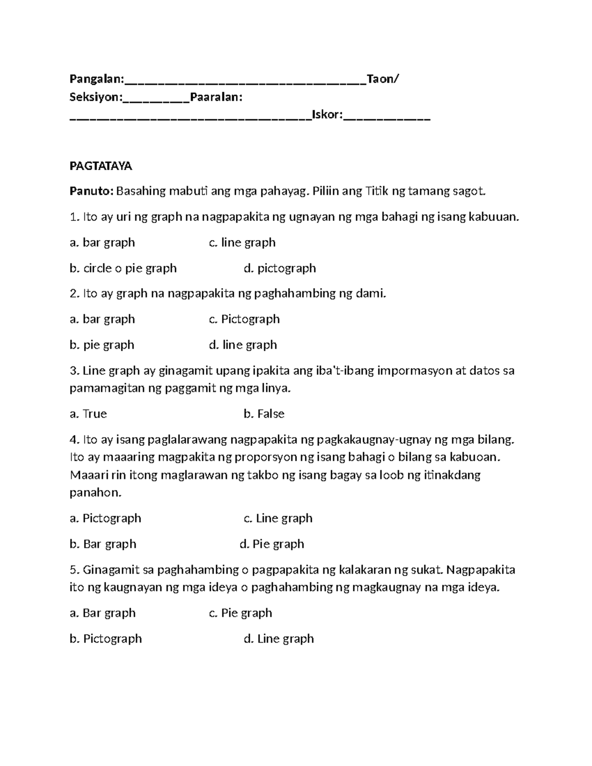 Pagtataya - Lesson on Graphs and Data Representation - Studocu
