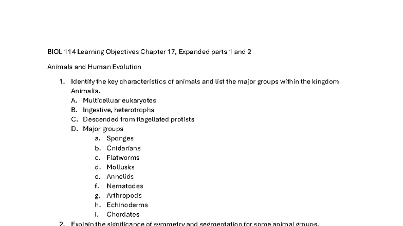 BIOL 114 Final Exam Study Guide: Chapter 17 - Animals & Evolution - Studocu