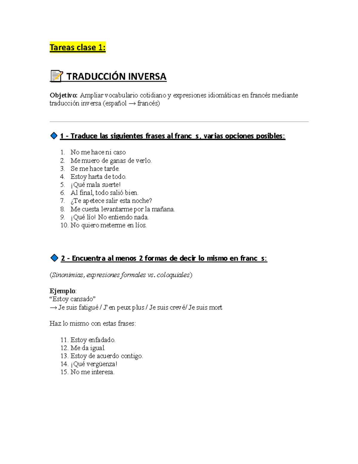 Tareas Clase 1: Traducción Inversa y Vocabulario Francés - Studocu