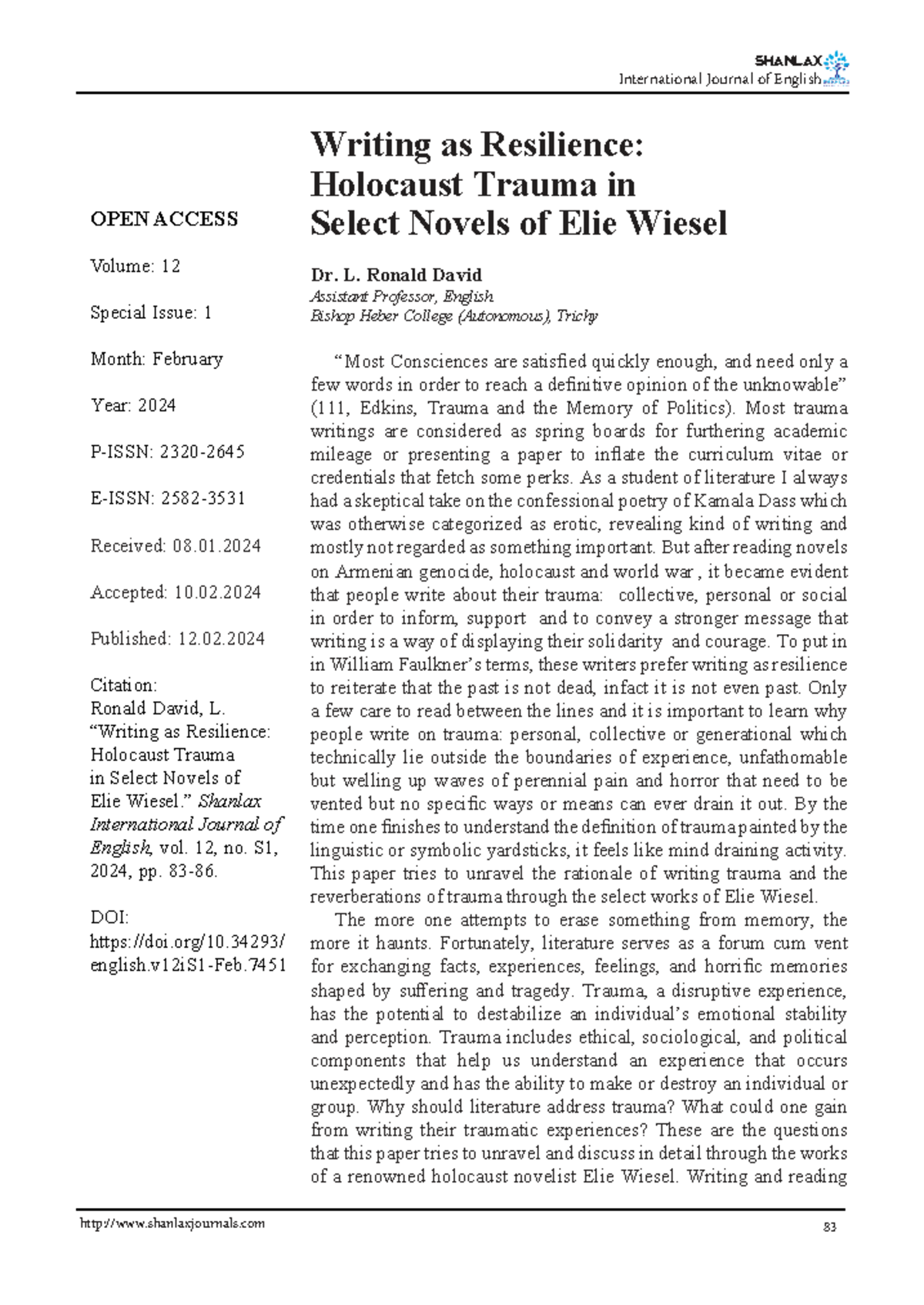Writing as Resilience: Exploring Holocaust Trauma in Elie Wiesel's ...