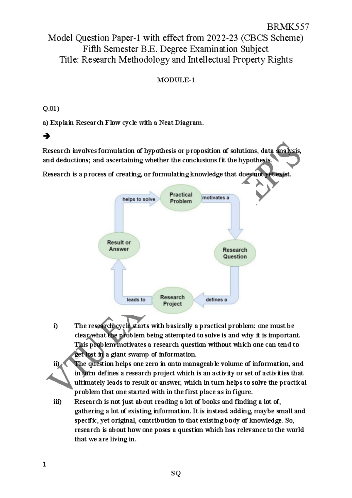 BRMK557 Research Methodology & IPR: Model Questions for 5th Sem B.E ...