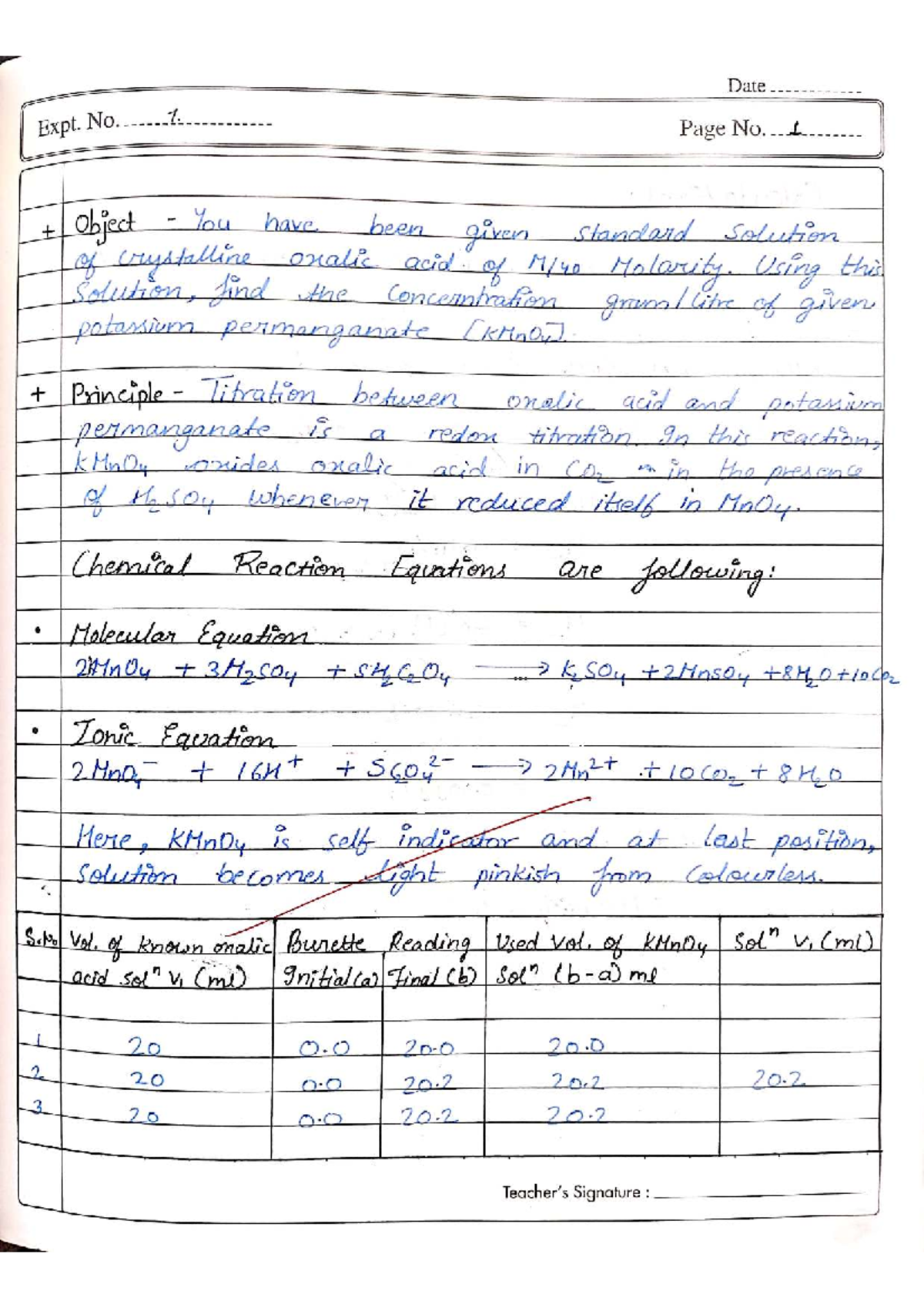Chemistry Practical File: Titration Experiments with KMnO₄ and Oxalic ...
