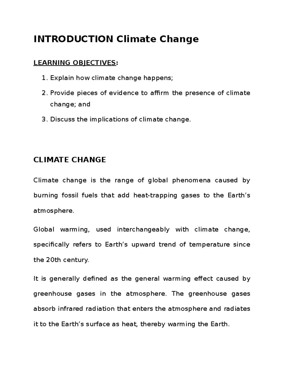 Introduction Climate Change - INTRODUCTION Climate Change LEARNING ...