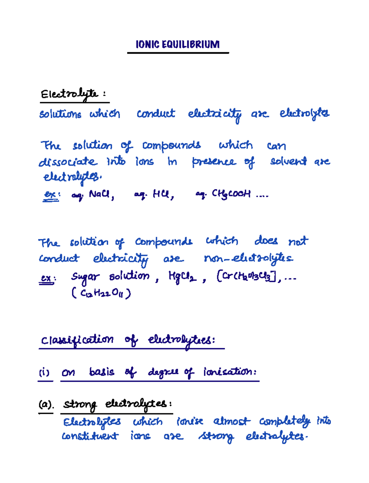 Ionic Equilibrium: Handwritten Notes on Electrolyte Solutions (CHEM ...