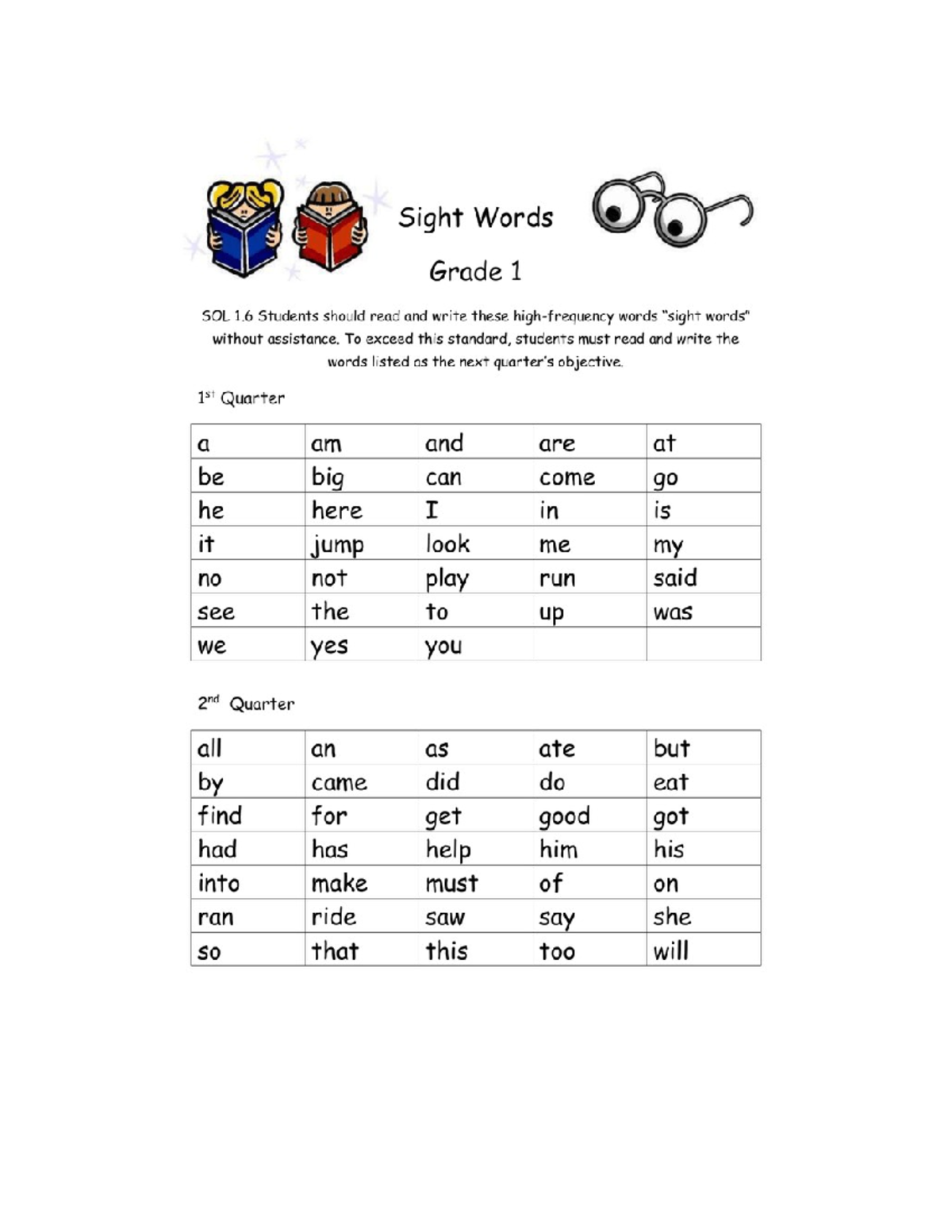 Grade 1 Sight Words: Essential Memory Verses for SOL 1.6 - Studocu