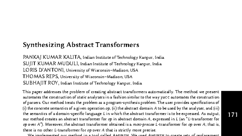 Synthesizing Abstract Transformers for Static Analysis (OOPSLA 2022) - Studocu