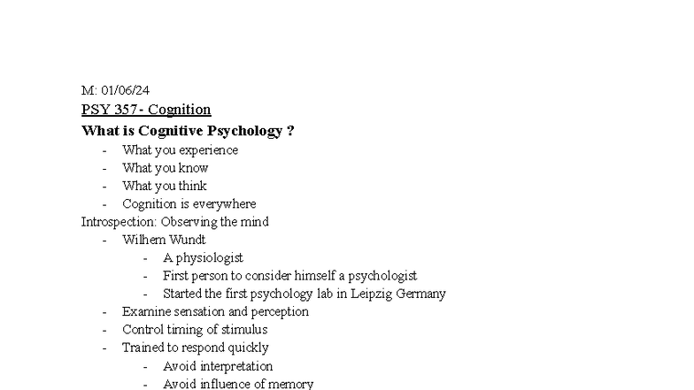 PSY 357 - Cognitive Psychology: Understanding Mind and Behavior - Studocu