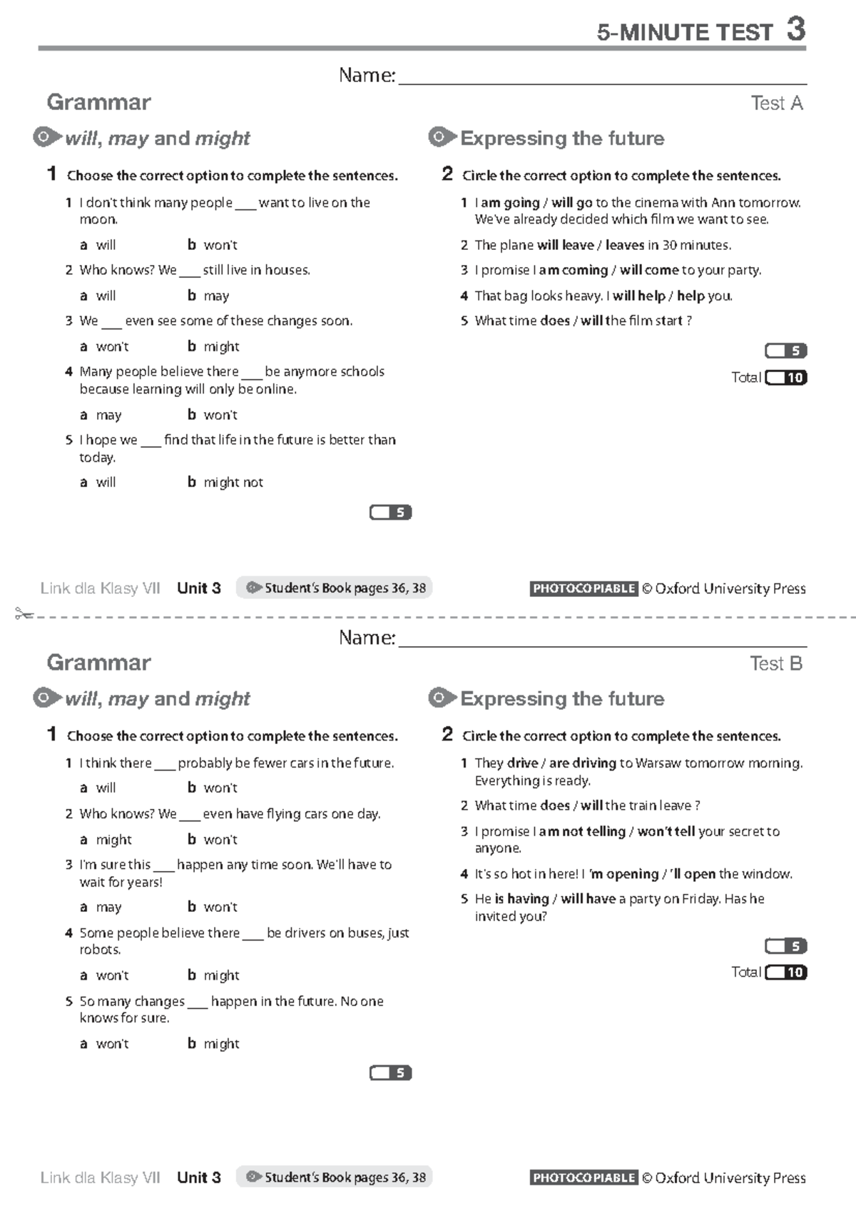 Grammar Test: Expressing Future with 'Will', 'May', and 'Might' (L7 U3 ...