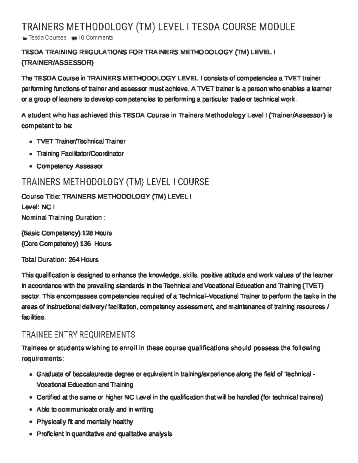 Trainers Methodology (TM) Level I Course Module Overview - TESDA - Studocu