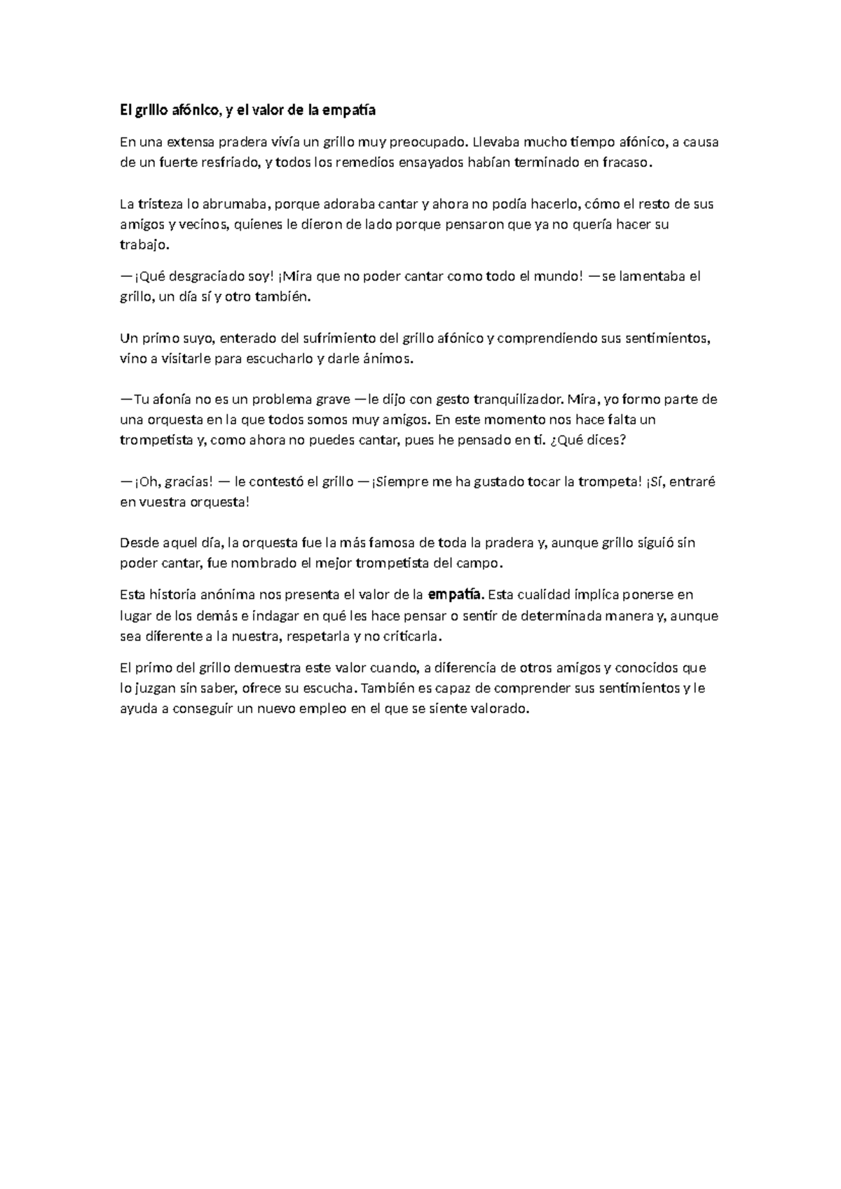 El grillo afónico: Lecciones de empatía en la pradera - Studocu