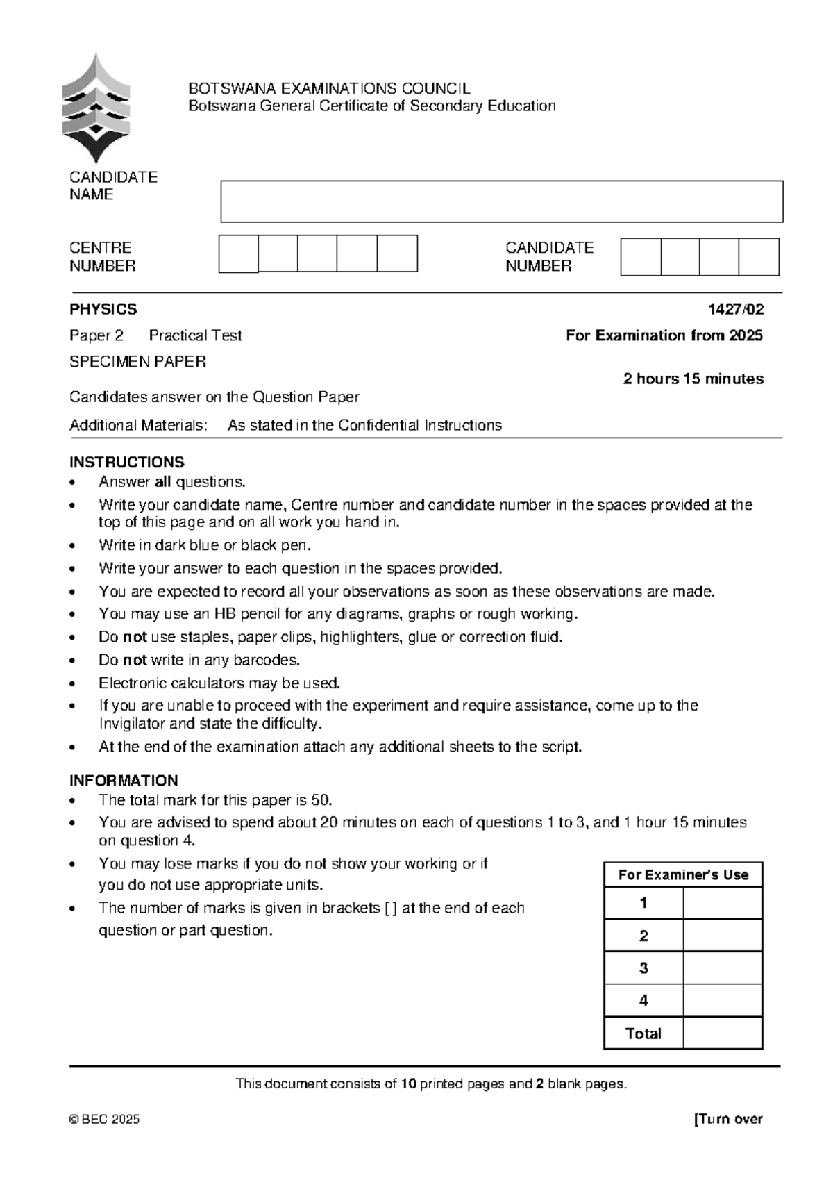BEC 2025 Physics Specimen Paper 2 Practical Test Guide - Studocu