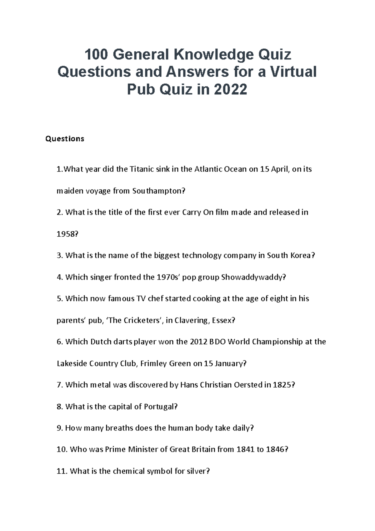 100 Most Common Pub Quiz Questions And Answers Infoupdate