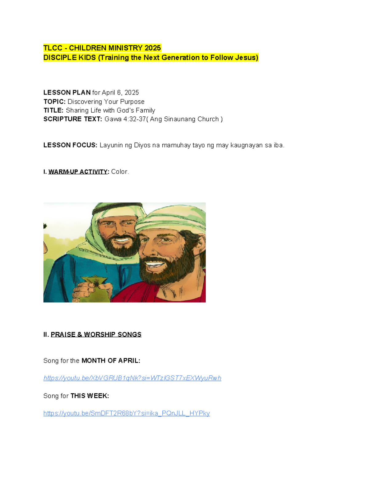 TLCC CHILDREN MINISTRY 2025 DISCIPLE KIDS LESSON PLAN: Sharing Life ...